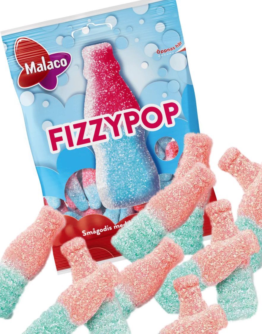 Påse med Malaco Fizzypop - Rosa och Blå Bubbelgumflaskor 85 gram - Se ...