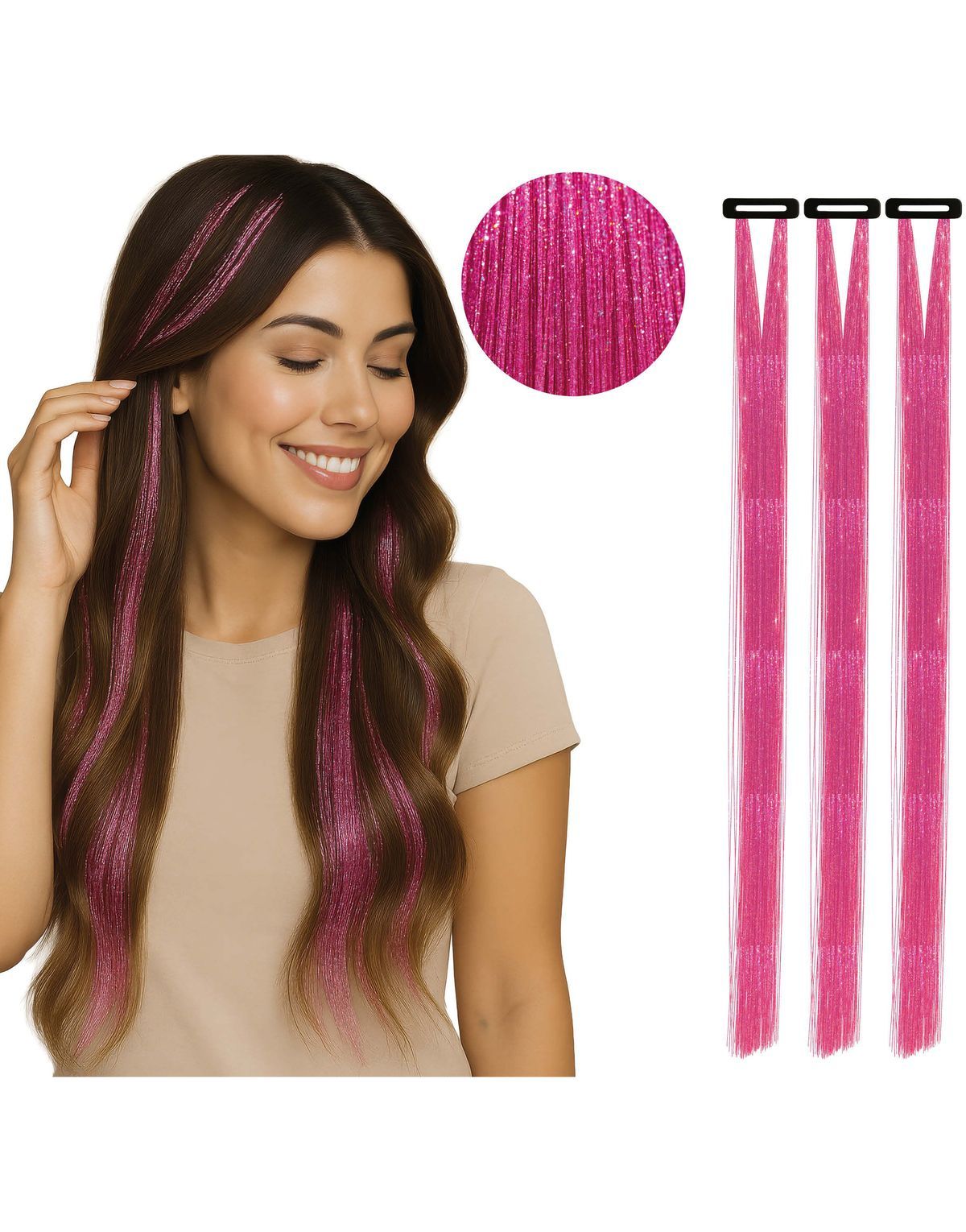 3 st Tinsel Hair Extensions 50 cm - Rosa - Rosa Peruker - Peruker Efter ...