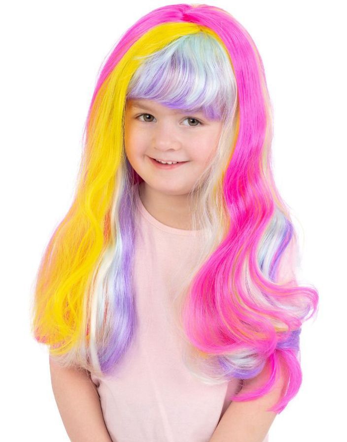 Enhörning Pastell Regnbåge Lång Paryk till Barn - Färgade Peruker ...
