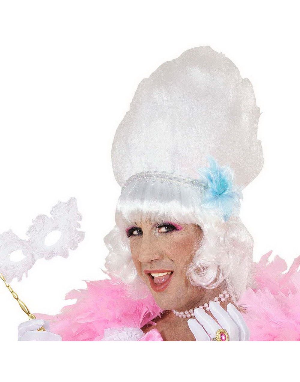 Hög Vit Peruk Dekorerad med Vita Pärlor och Blommor