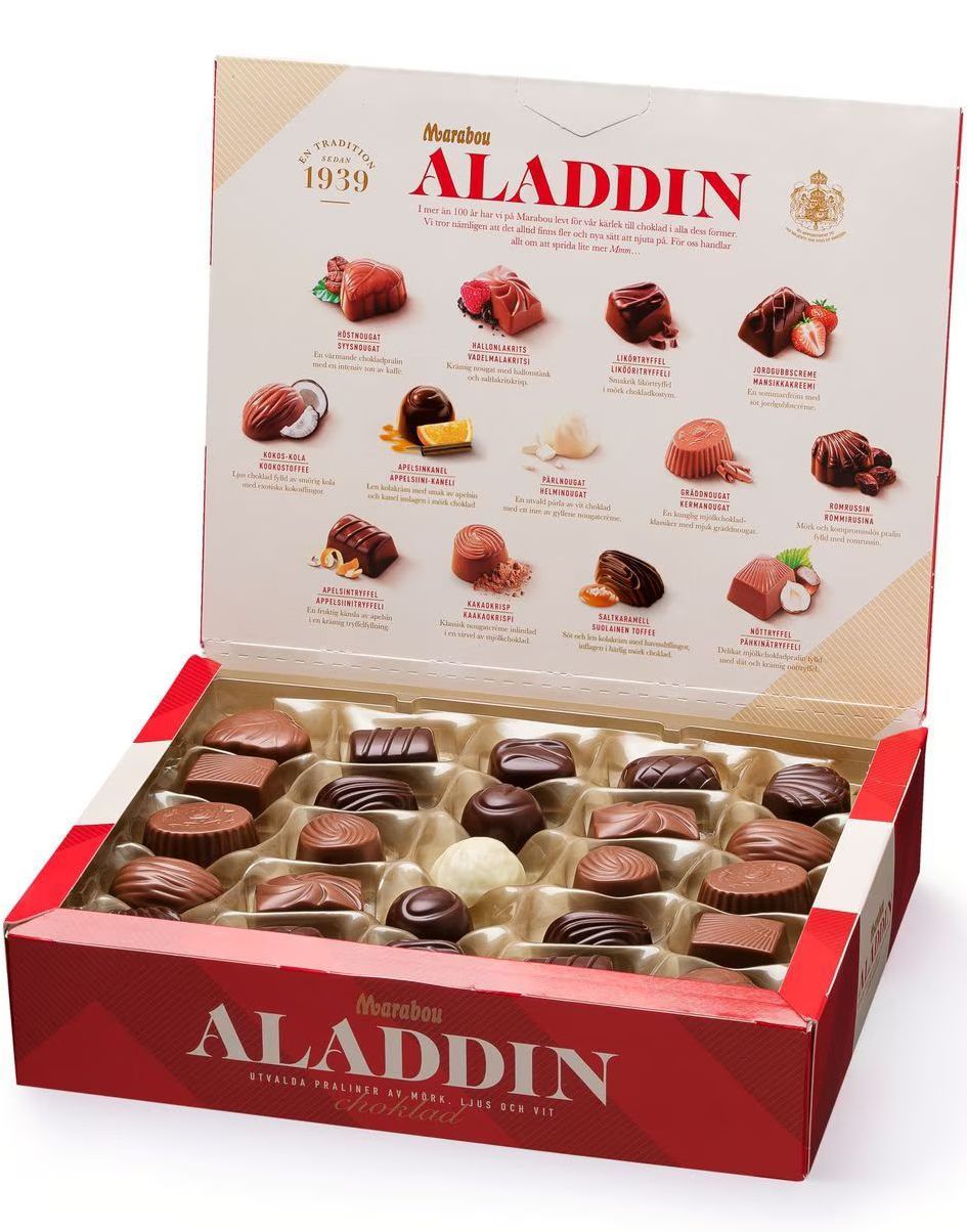 Marabou Aladdin Utvalda Praliner av mörk, ljus och vit choklad 500 g ...