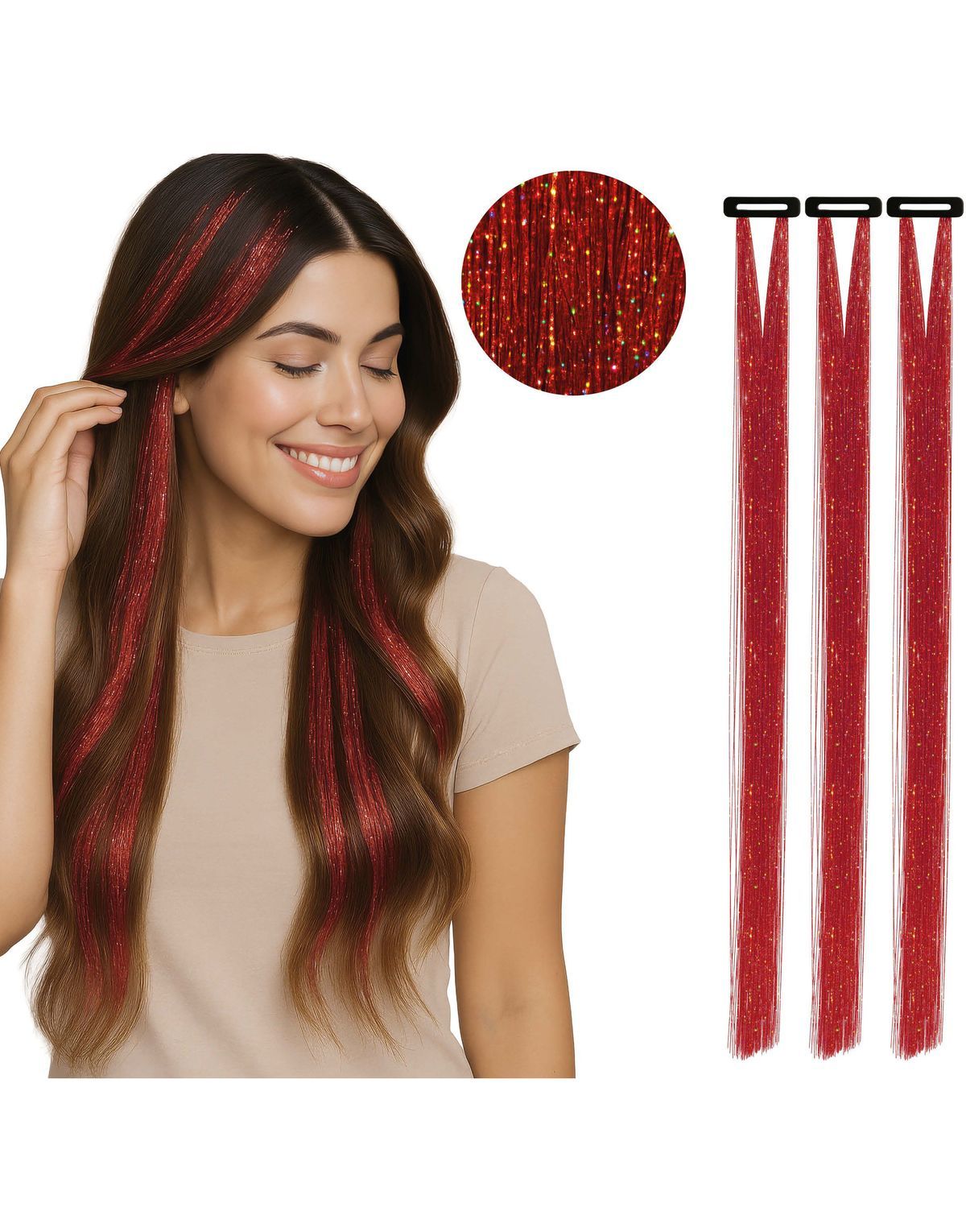 3 st Tinsel Hair Extensions 50 cm - Röd - Röda Peruker - Peruker Efter ...