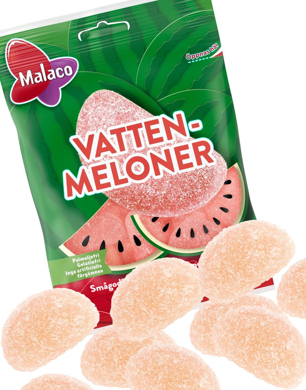 Påse med Malaco Vattenmelon - Sur/söta Vingummibitar 90 gram - Se Alla ...