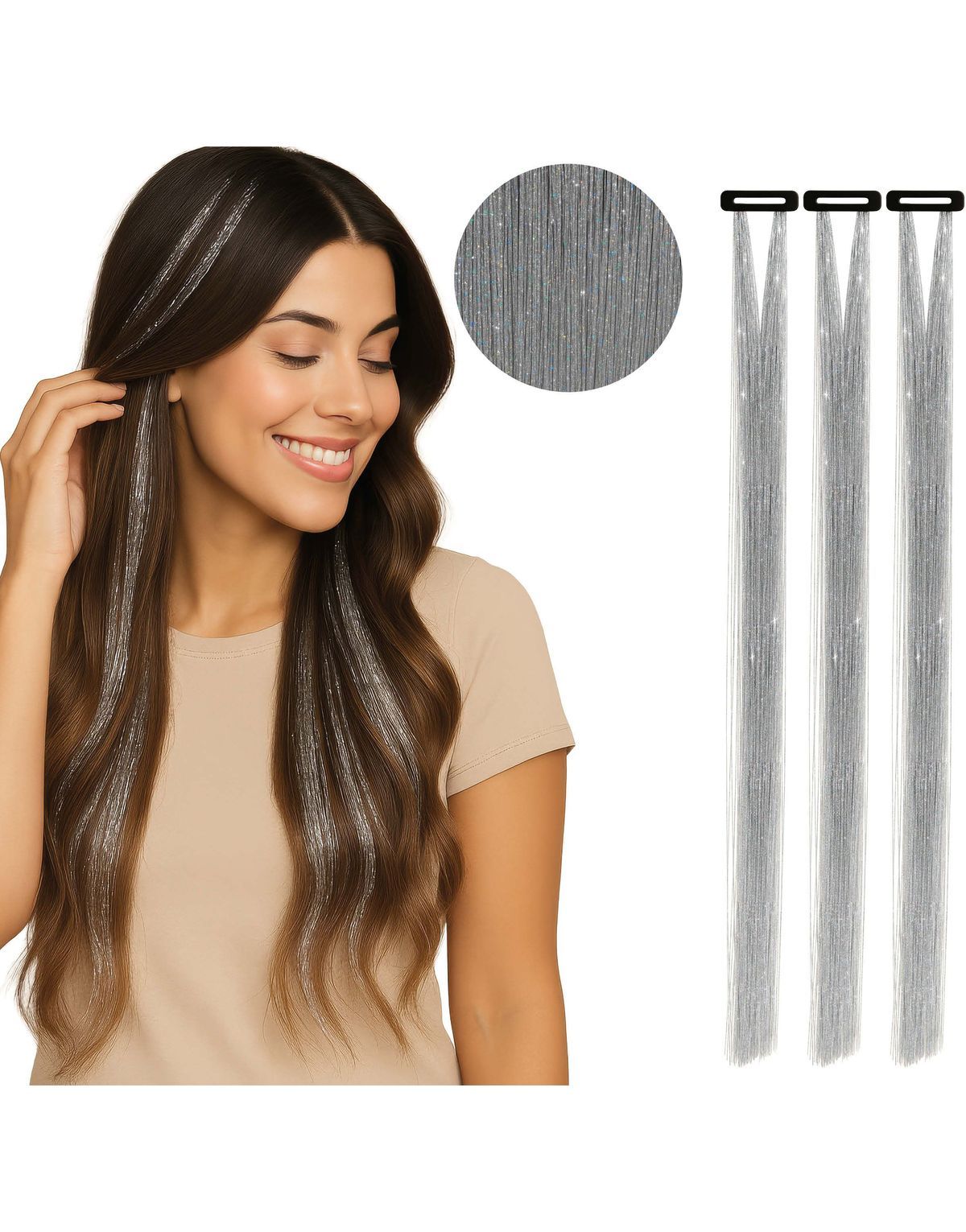 3 st Tinsel Hair Extensions 50 cm - Sølv - Silverfärgade Peruker ...